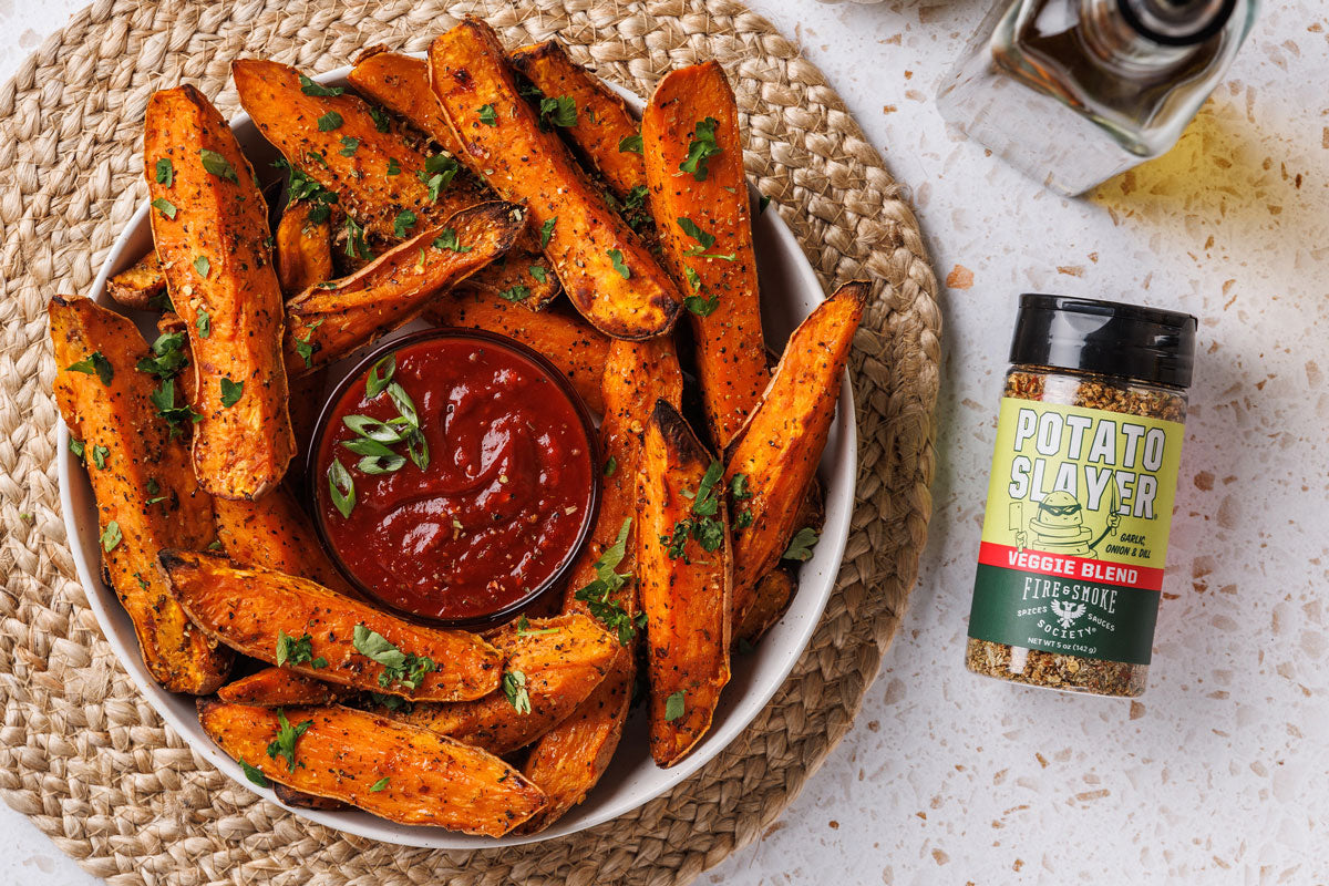 Crispy Sweet Potato Slayer Wedges with Gochujang Ketchup